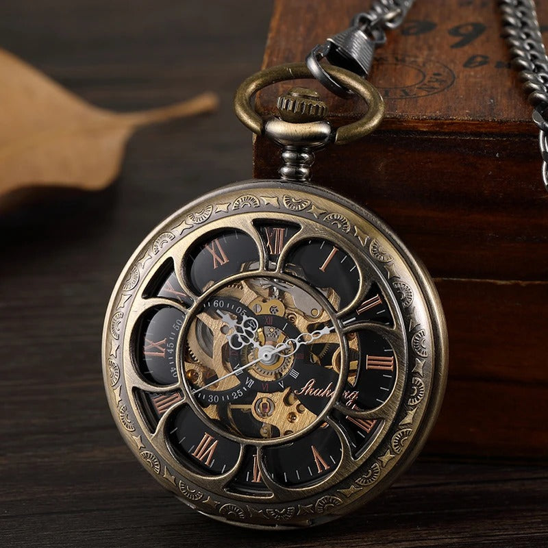 Vintage Hollow Style Roman Numerals Hand Wind Mechanical Pocket Watch ...