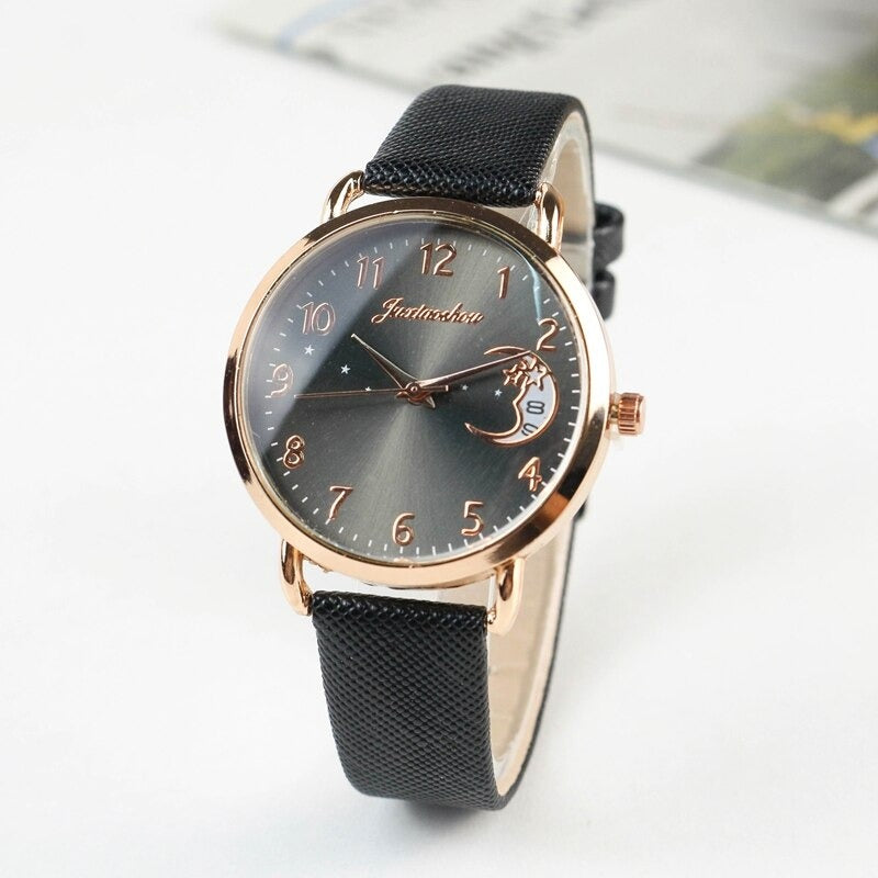 Crescent Moon and Star Number Dial with Vegan Leather Strap Quartz Wat ...
