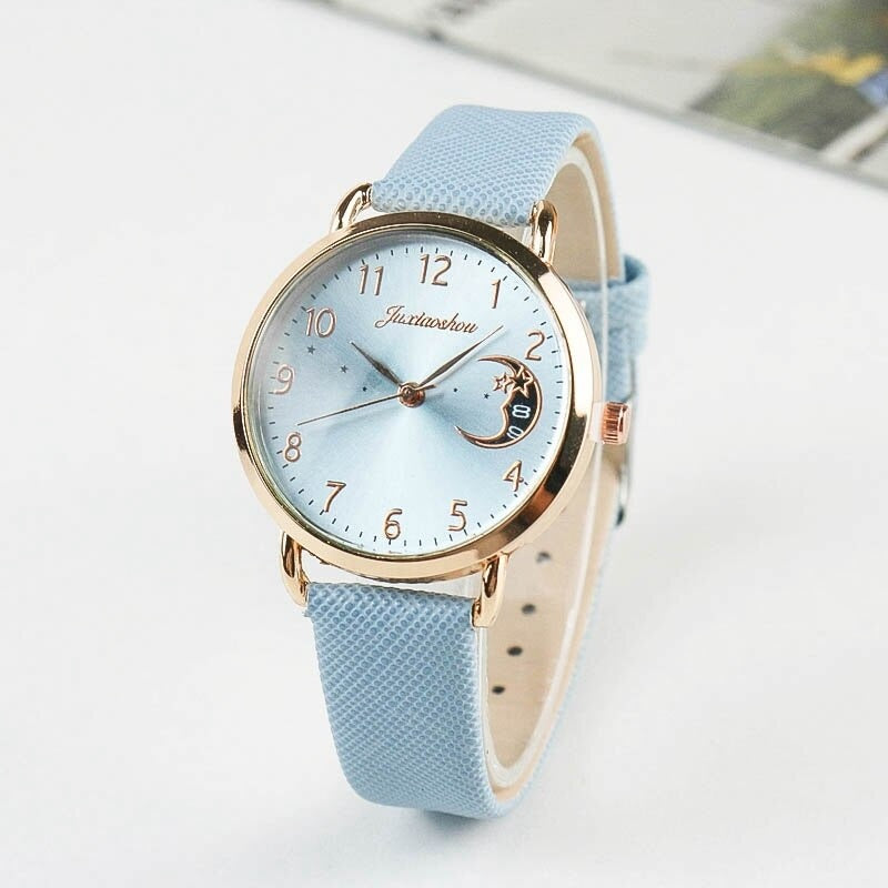 Crescent Moon and Star Number Dial with Vegan Leather Strap Quartz Wat ...