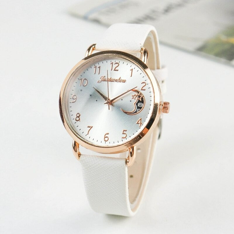 Crescent Moon and Star Number Dial with Vegan Leather Strap Quartz Wat ...