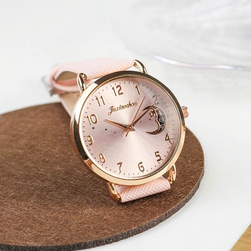 Crescent Moon and Star Number Dial with Vegan Leather Strap Quartz Wat ...