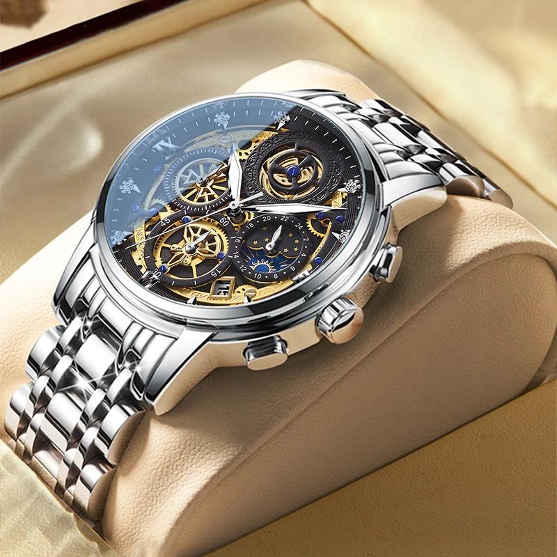 Luminous Stainless Steel Moon Phase Chronograph Quartz Watch – Inspire ...